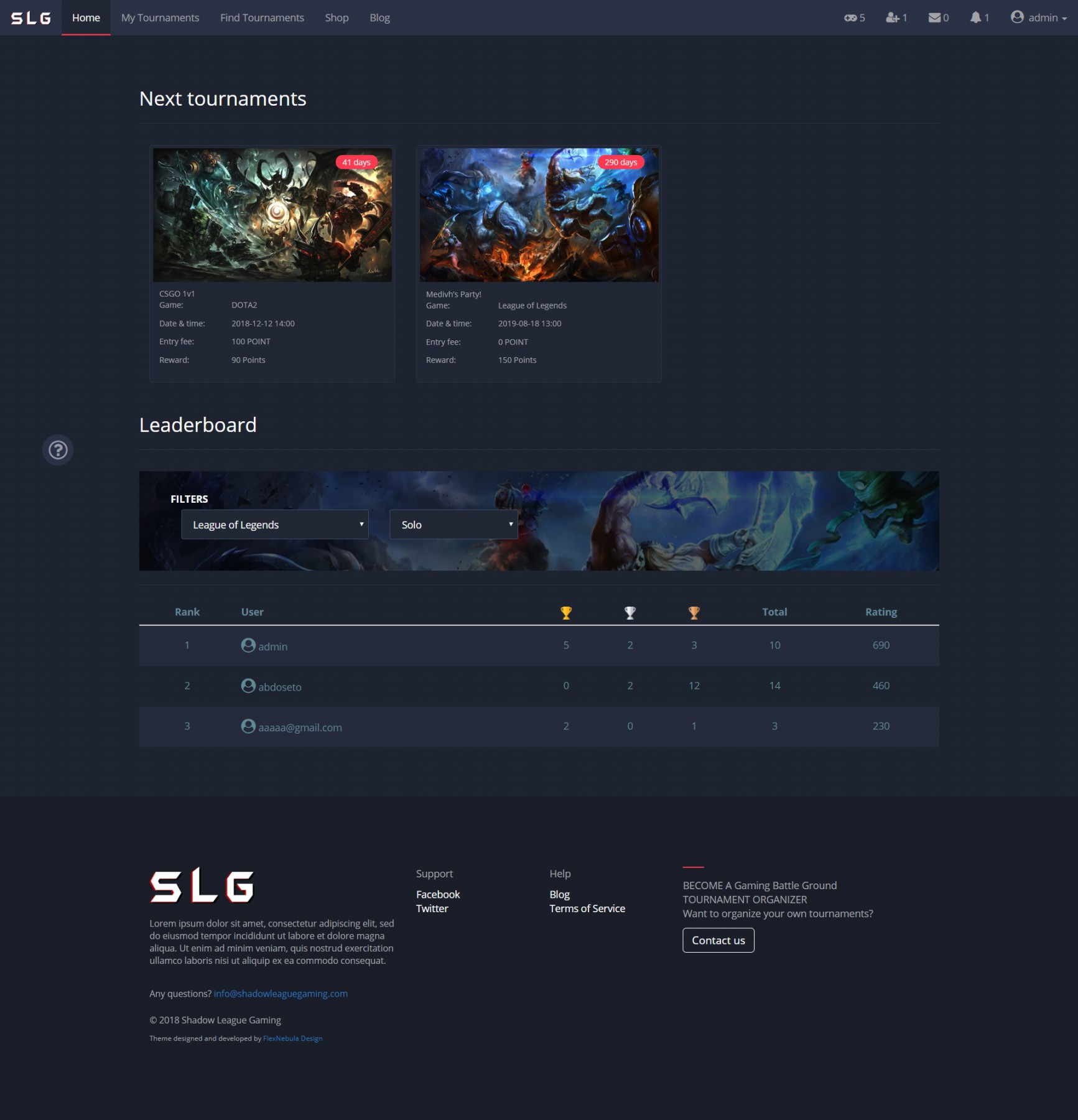 Shadow League Gaming eSport Platform - FlexNebula Design