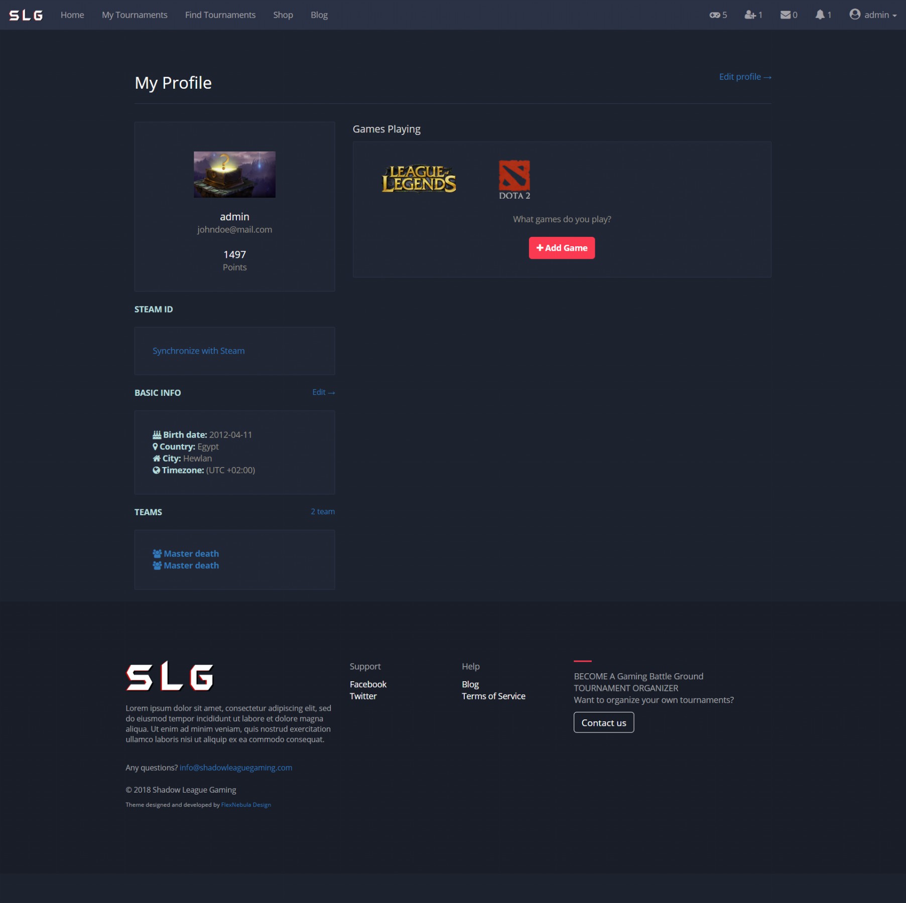 Shadow League Gaming eSport Platform - FlexNebula Design